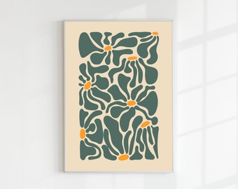 Green Yellow Groovy Flowers Print, Floral Art, Boho Flower Print, Boho ...