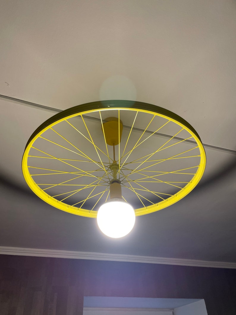 Lamp From Bicycle Wheel. Yellow. Farmhouse Light, Rustic Home Decor ...