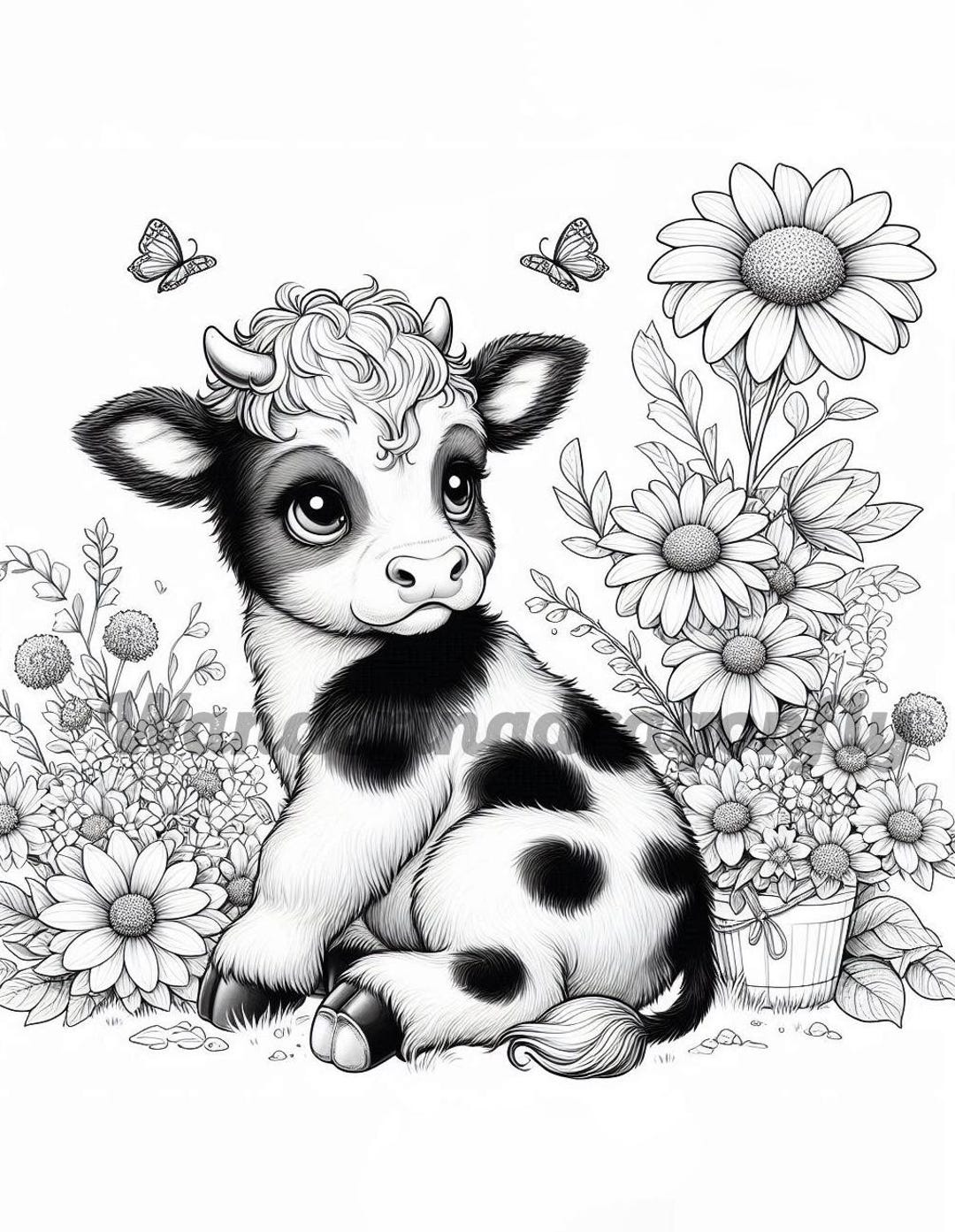 Coloring Pages | Printable | Floral Cow | PNG - Etsy