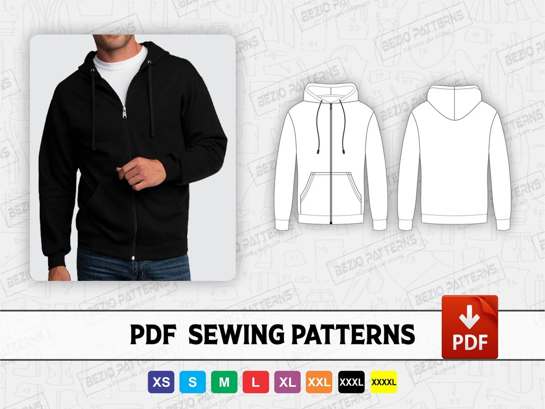 Full Zip Hoodie Men Sewing Patterns,men Zip Hoodie PDF Sewing Digital ...