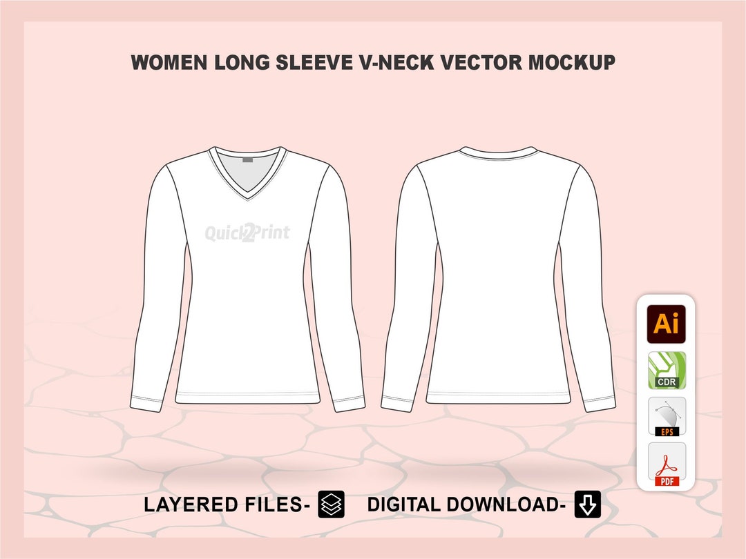 Women Long Sleeve V-neck Shirt Mockup Template, Layered Illustrator ...