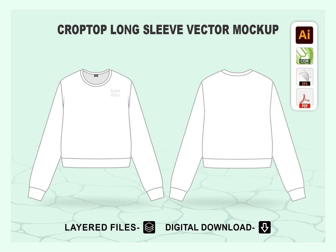Croptop Long Sleeve Mockup Template for Design, Layered Illustrator ...