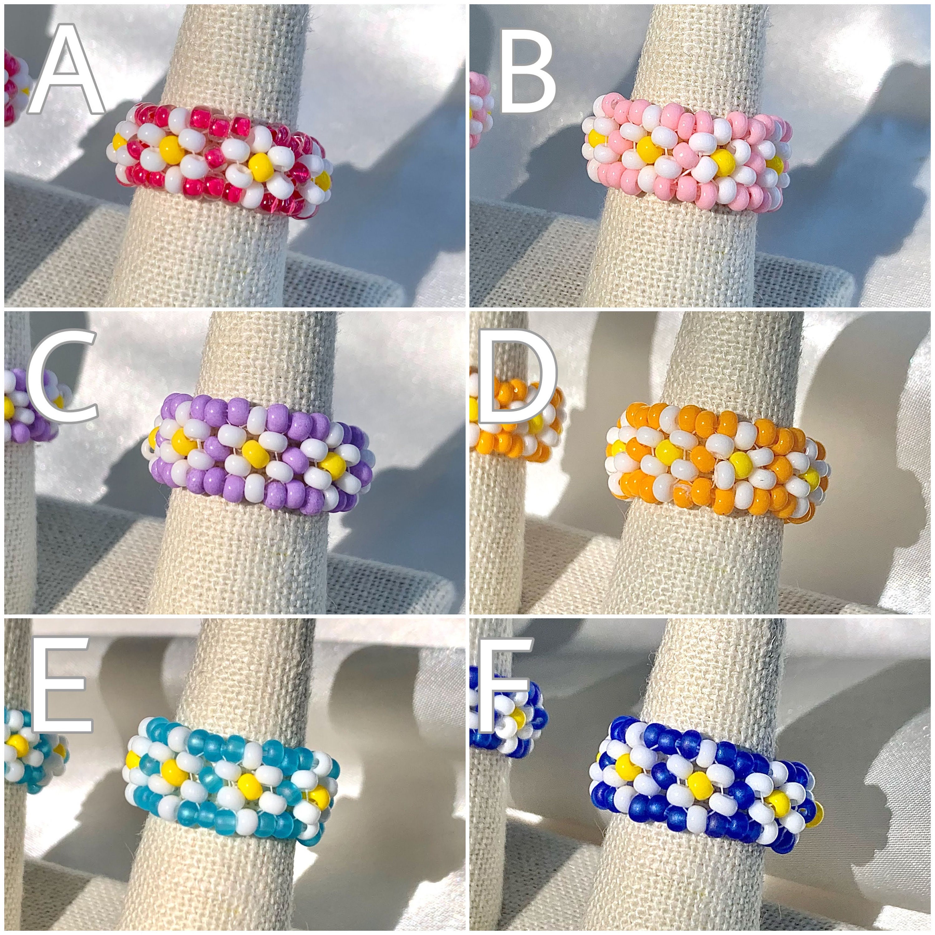 Beaded Flower Ring with Multicolor Beads Set of Three Rings | Etsy