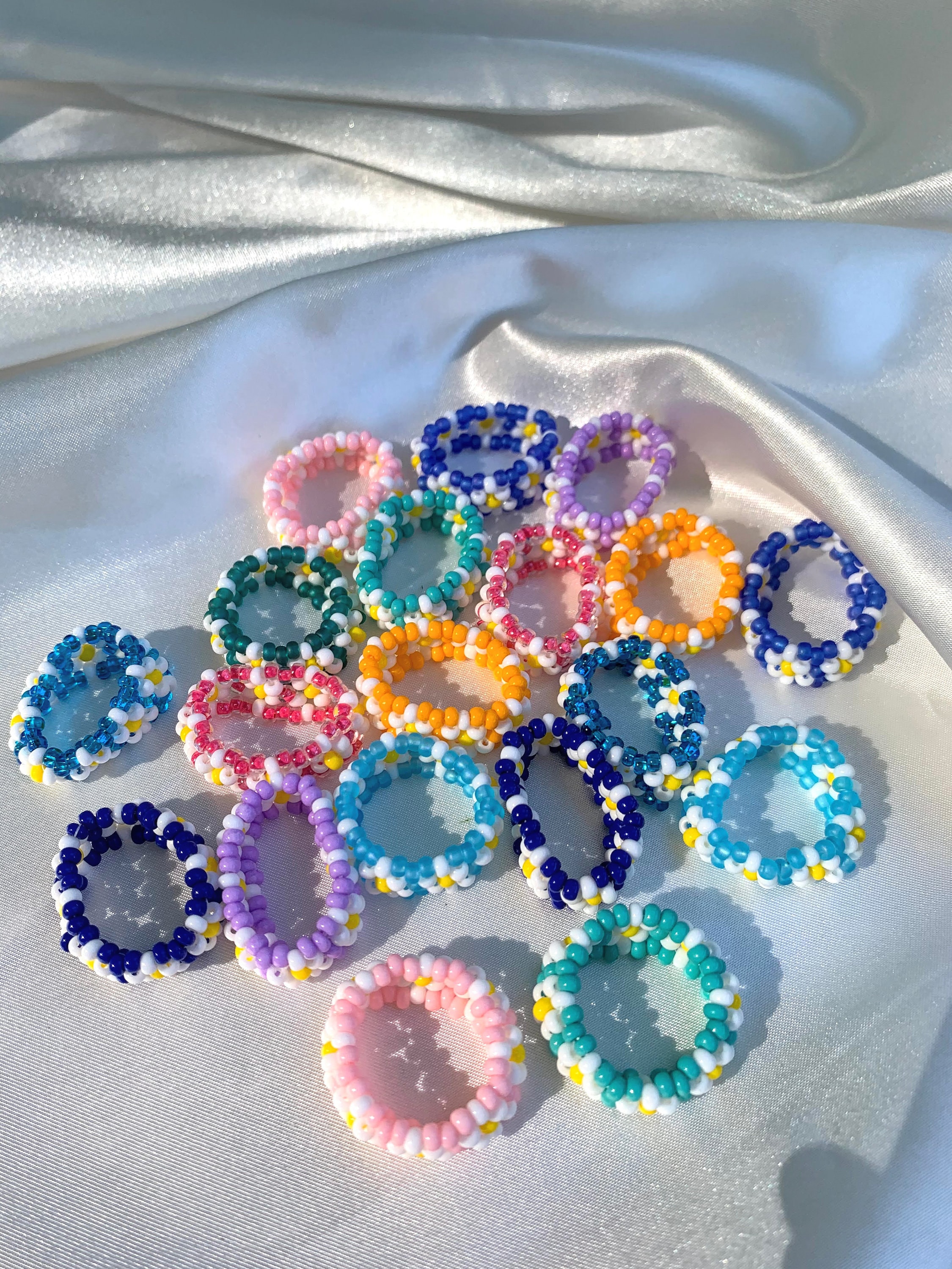 Beaded Flower Ring with Multicolor Beads Set of Three Rings | Etsy