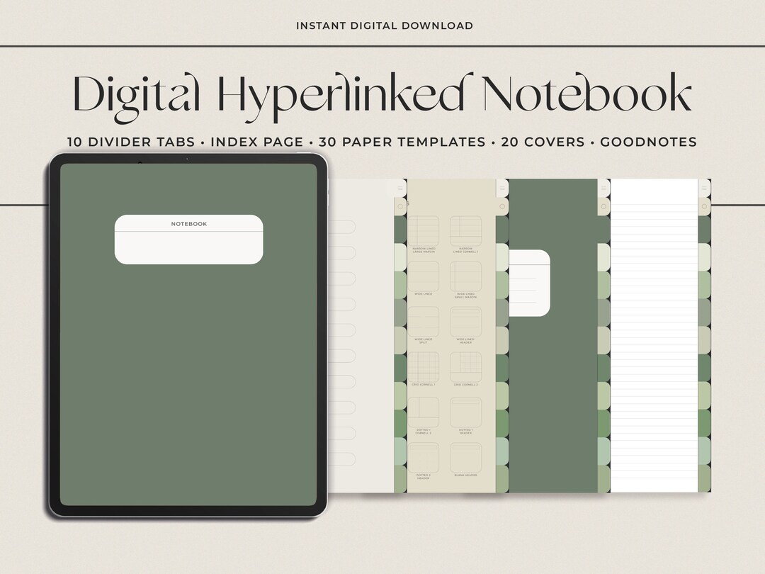 Digital Hyperlinked Notebook, Green Minimal Notebook With Tabs for ...