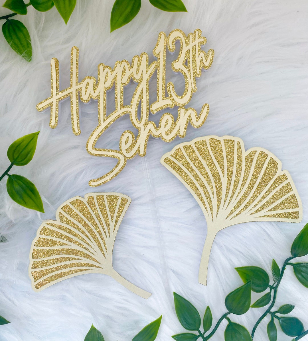 Happy Birthday and Ginkgo Leaves Cake Topper Set Happy Birthday ...
