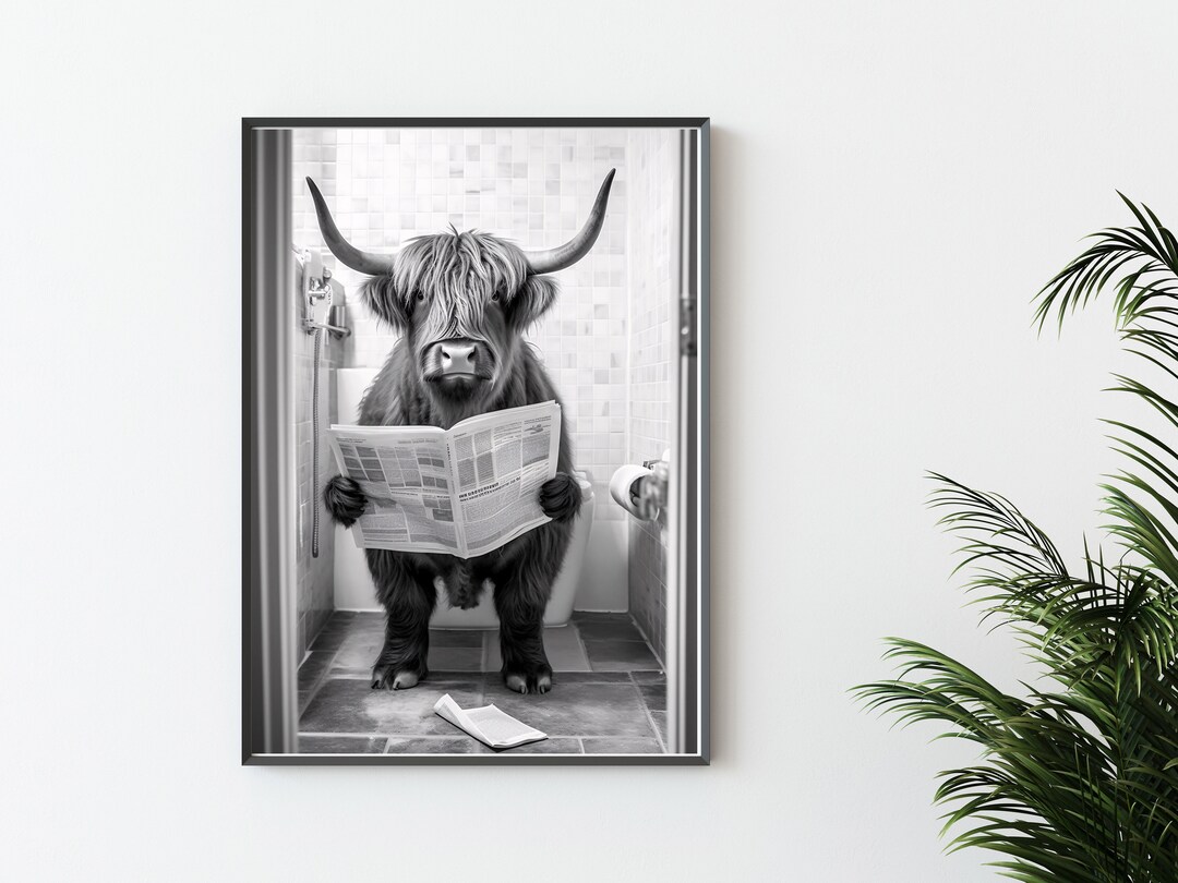 Highland Kuh auf Toilette Poster Gerahmter Druck Highland-Kuh Wall art decor Wandbild Naturdruck ...