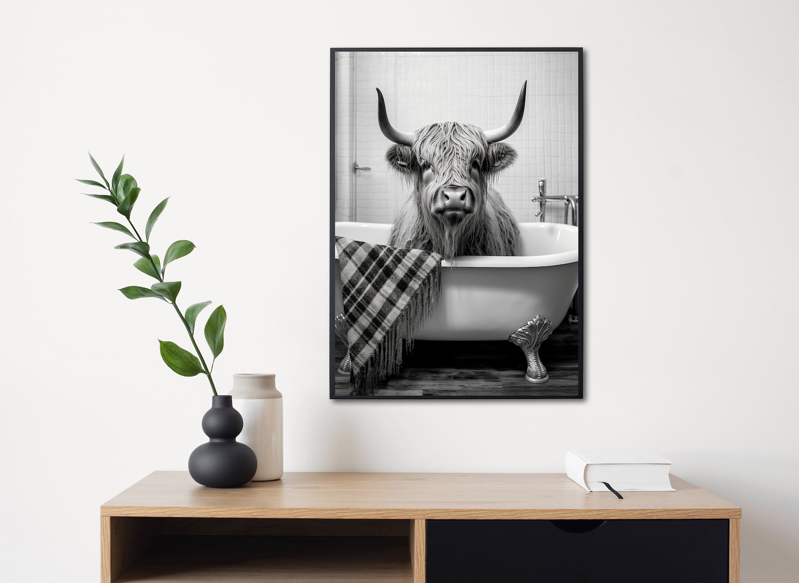 Highland Kuh im Bad Print Gerahmter Druck Highland Kuh Wandkunst Dekor Wandbild Naturdruck ...