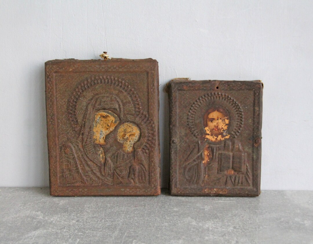 Antique Orthodox Icons Depicting Saints and Angels. Set of Tin Icons of ...