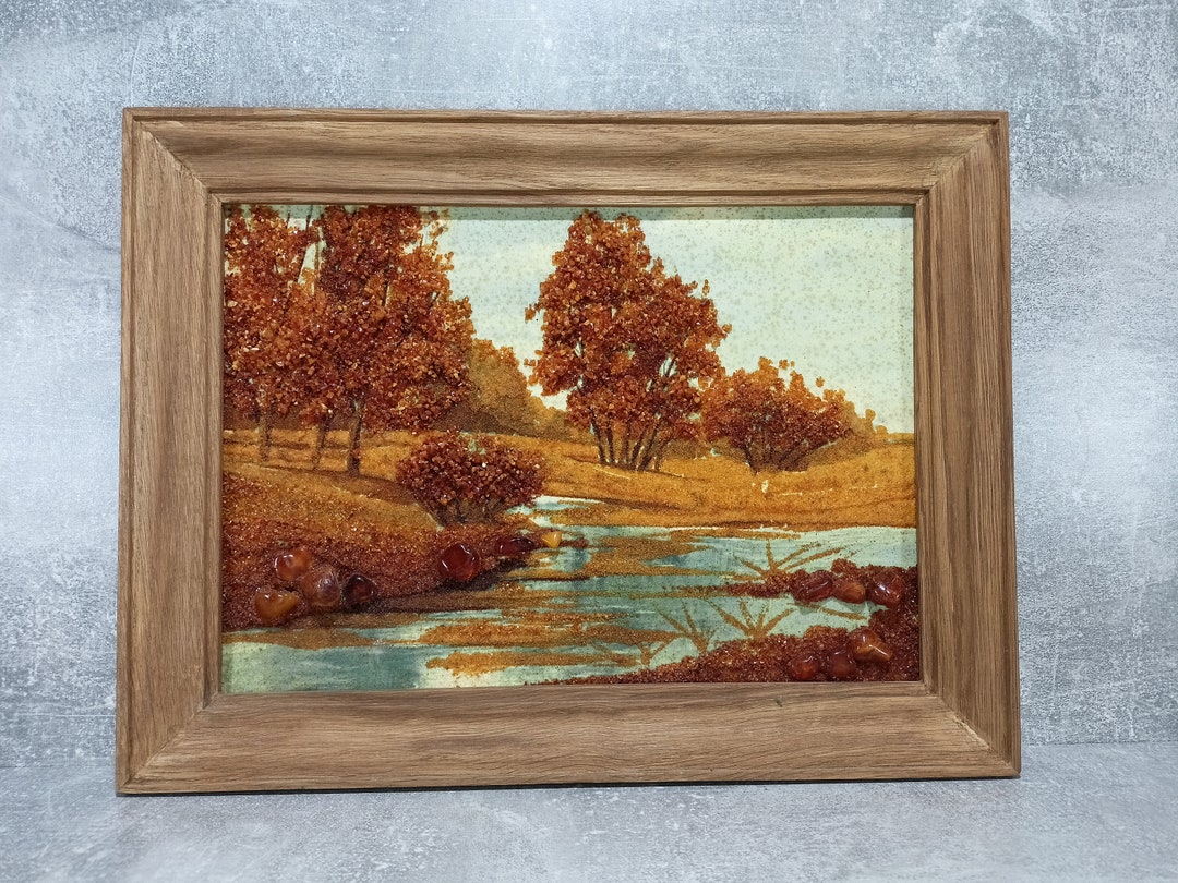Vintage Amber Painting. Printing on Plywood Natural Amber, Landscape ...