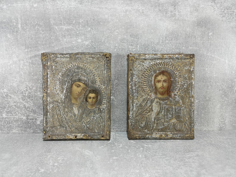 Antique Orthodox Icons Depicting Saints and Angels. Set of Jako, Tin ...
