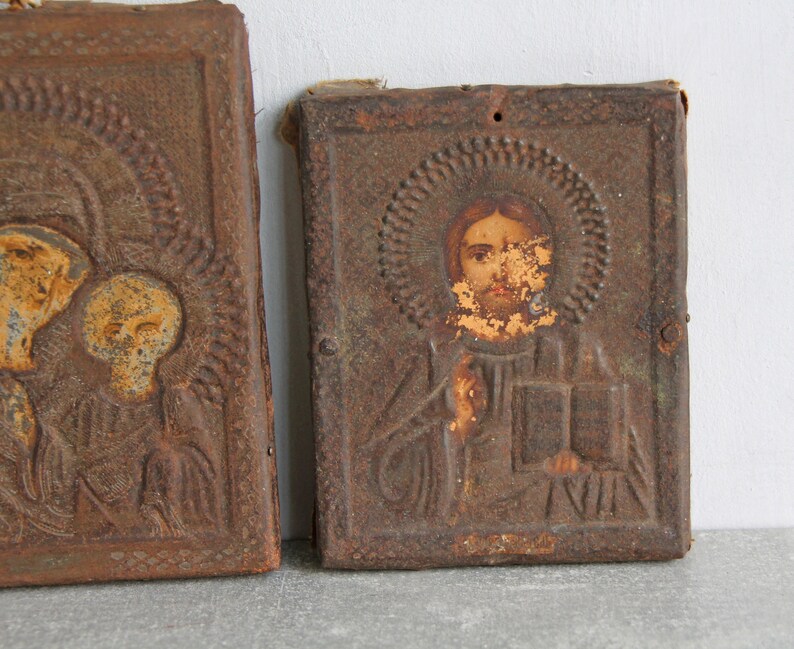 Antique Orthodox Icons Depicting Saints and Angels. Set of Tin Icons of ...