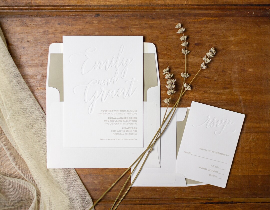 Emily Letterpress Wedding Invitation Sample - Blind Debossed, White 2 ...