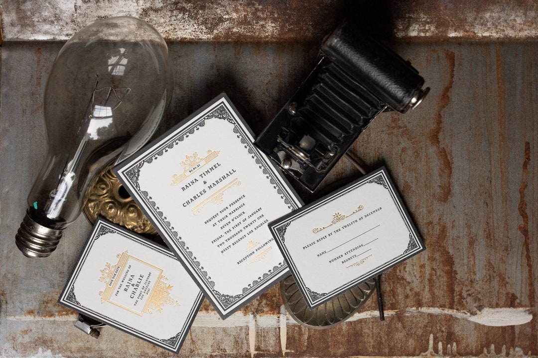 Raina Letterpress Wedding Invitation Sample - Antique Gold Foil, Matboard - Oblation - Etsy