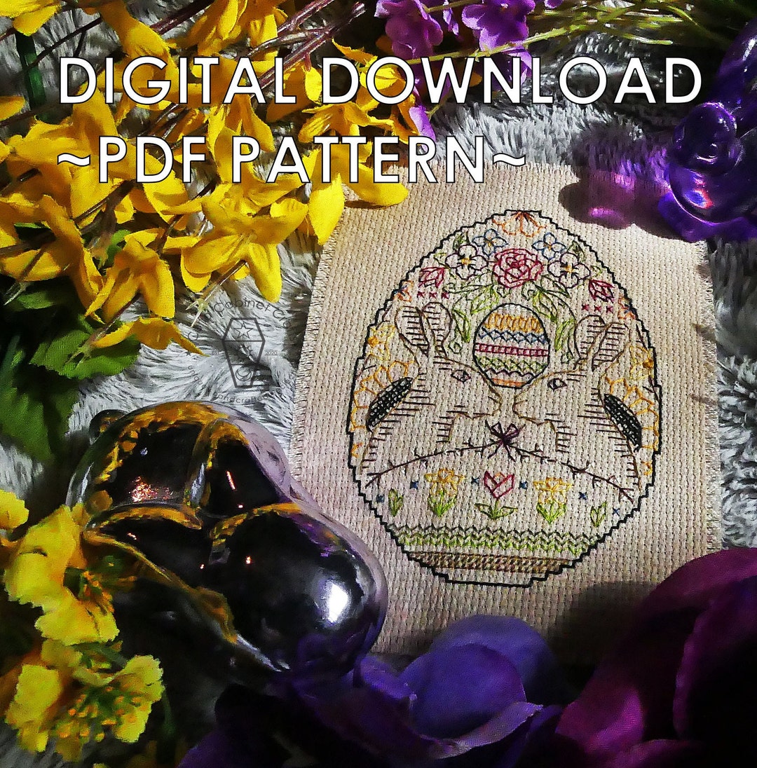 Hop Into Spring ~ PDF Blackwork Cross=stitch Pattern ~ Pysanky, Ostara, Spring Florals, Easter ...