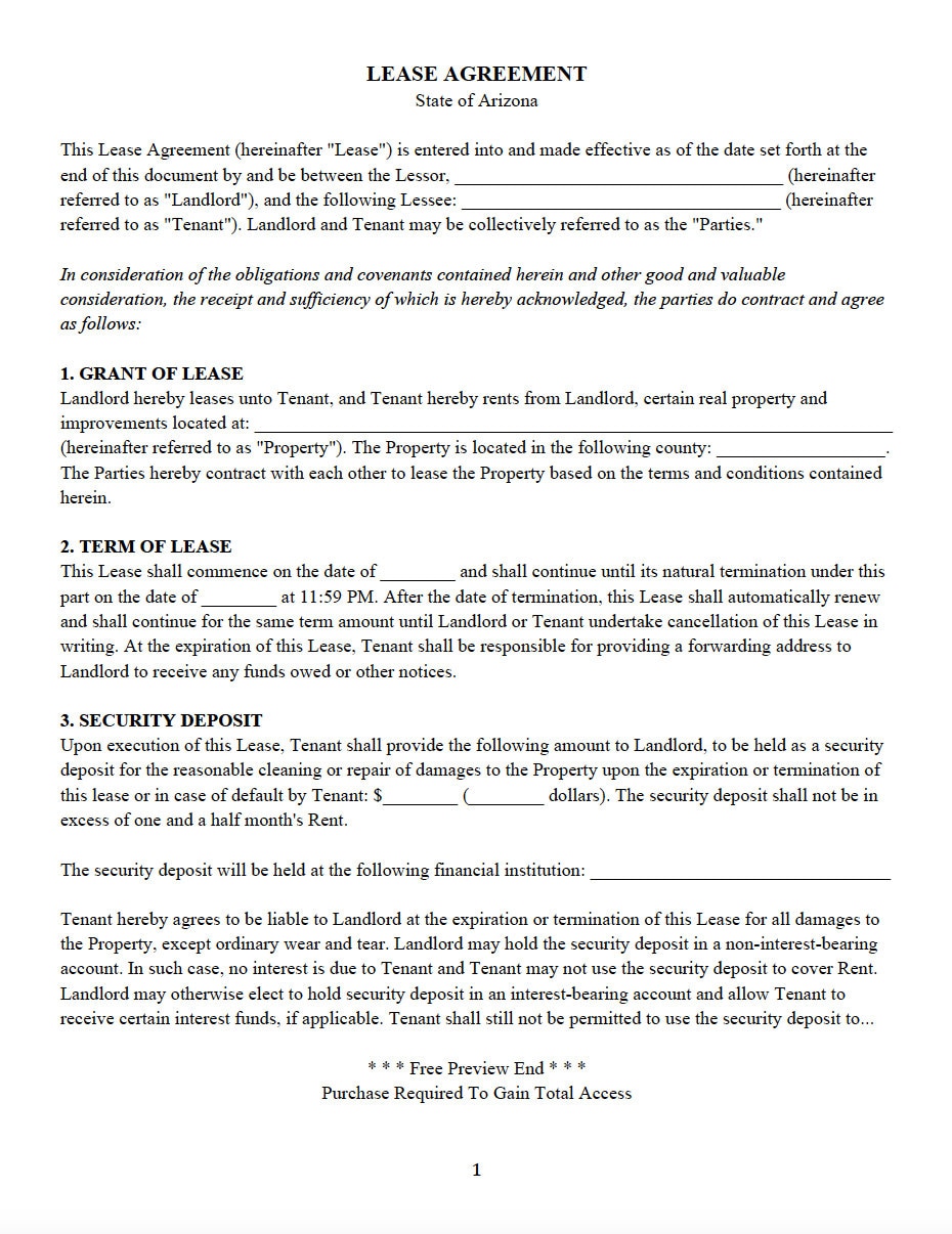 Arizona Residential Lease Agreement - Etsy