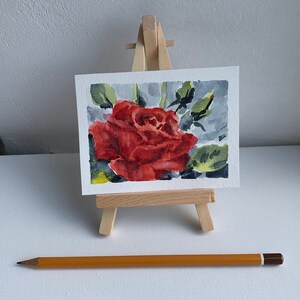 Red Rose Painting Small Watercolor Artwork ACEO Floral Art 2.5 by 3.5 ...