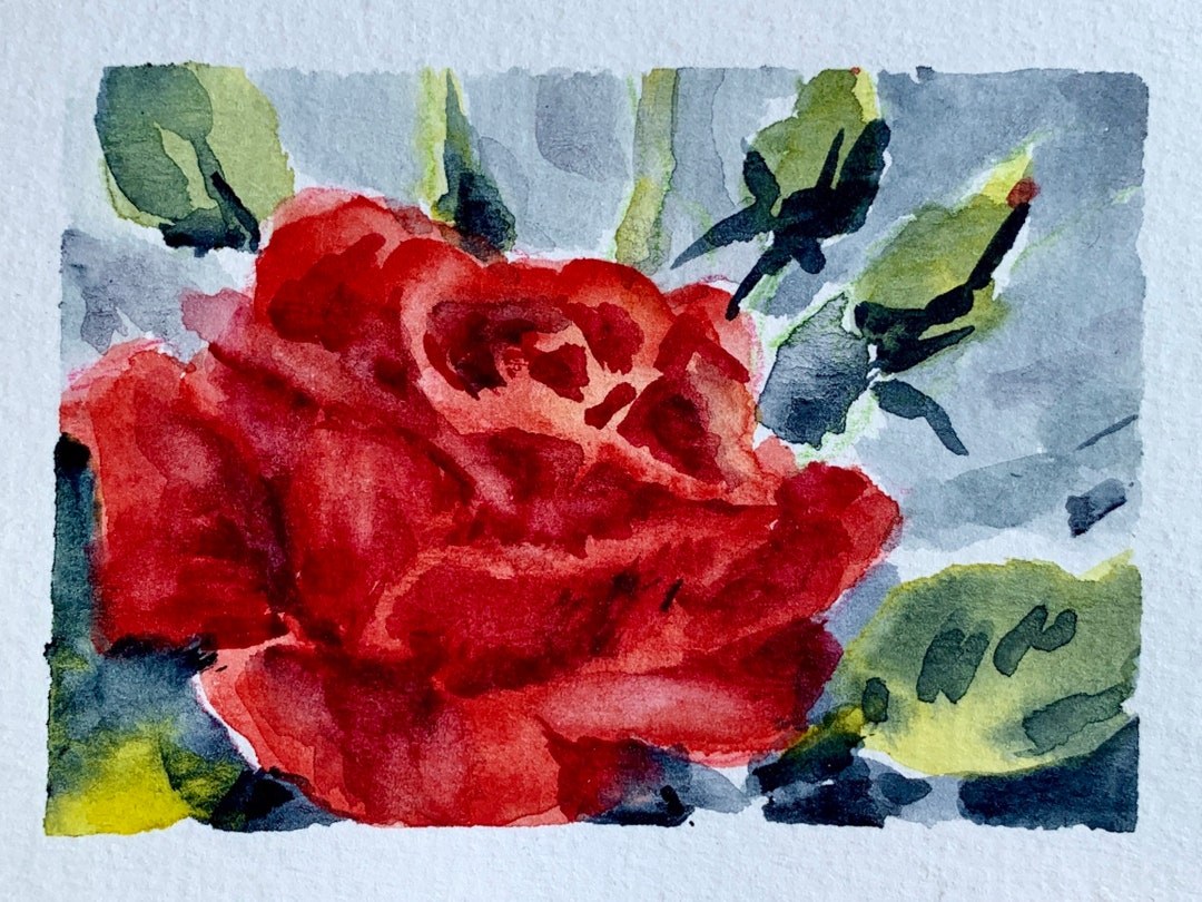 Red Rose Painting Small Watercolor Artwork ACEO Floral Art 2.5 by 3.5 ...