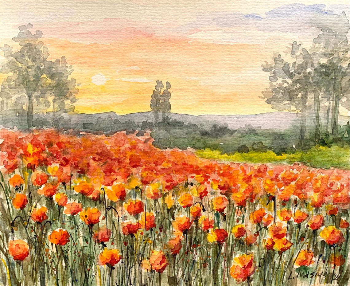 Poppy Fields Painting Landscape Watercolor Artwork Original | Etsy