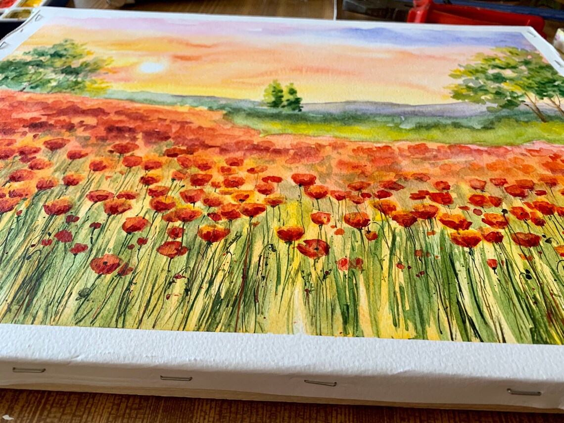 Poppy Fields Painting Landscape Watercolor Artwork Original - Etsy