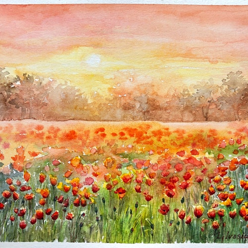 Poppy Fields Watercolor Paintingpoppies Landscape Wall Art | Etsy