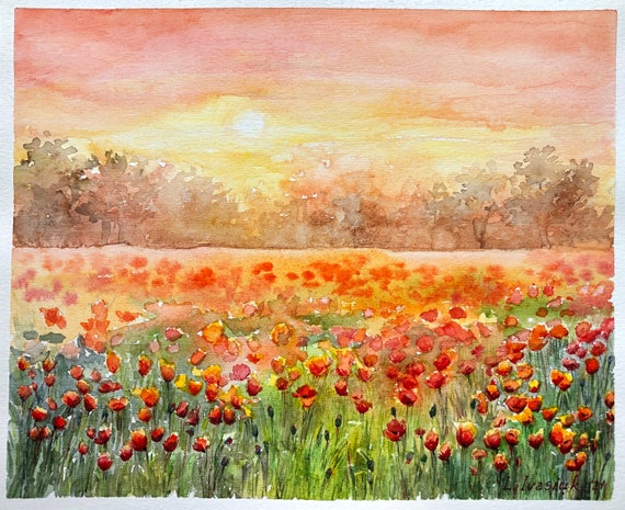 Poppy Fields Watercolor Paintingpoppies Landscape Wall Art - Etsy