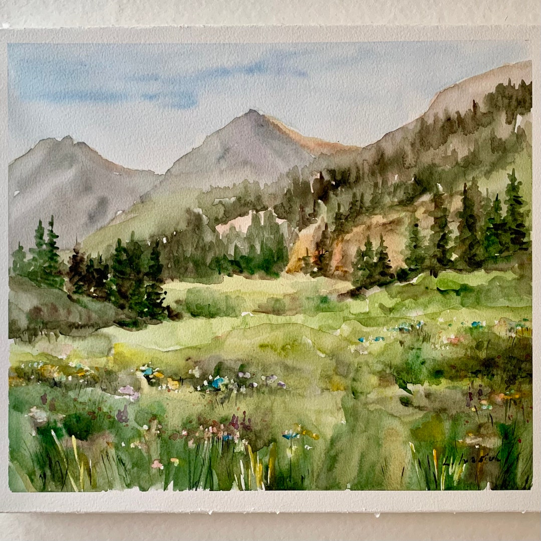Colorado Mountains Art Landscape Watercolor Painting Rocky Mountains ...