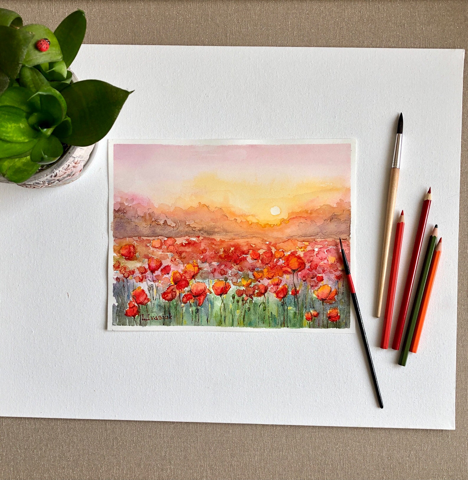 Poppy Fields Watercolor Painting,poppies Landscape Wall Art, Home Decor ...