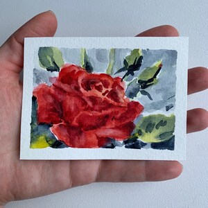 Red Rose Painting Small Watercolor Artwork ACEO Floral Art 2.5 by 3.5 ...