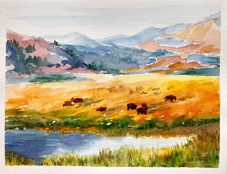 Yellowstone National Park Painting Bison Watercolor Painting Original ...