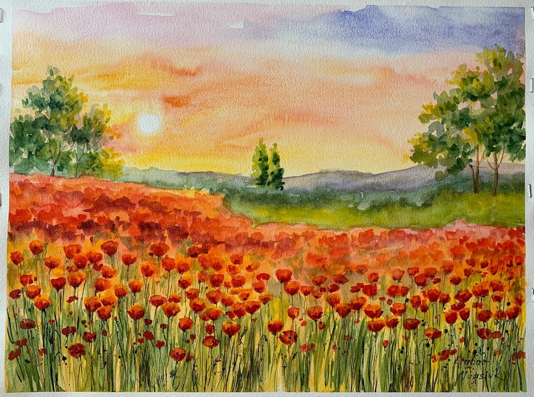 Poppy Fields Painting Landscape Watercolor Artwork Original Tuscany ...
