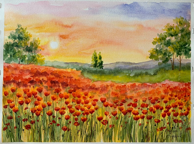 Poppy Fields Painting Landscape Watercolor Artwork Original - Etsy