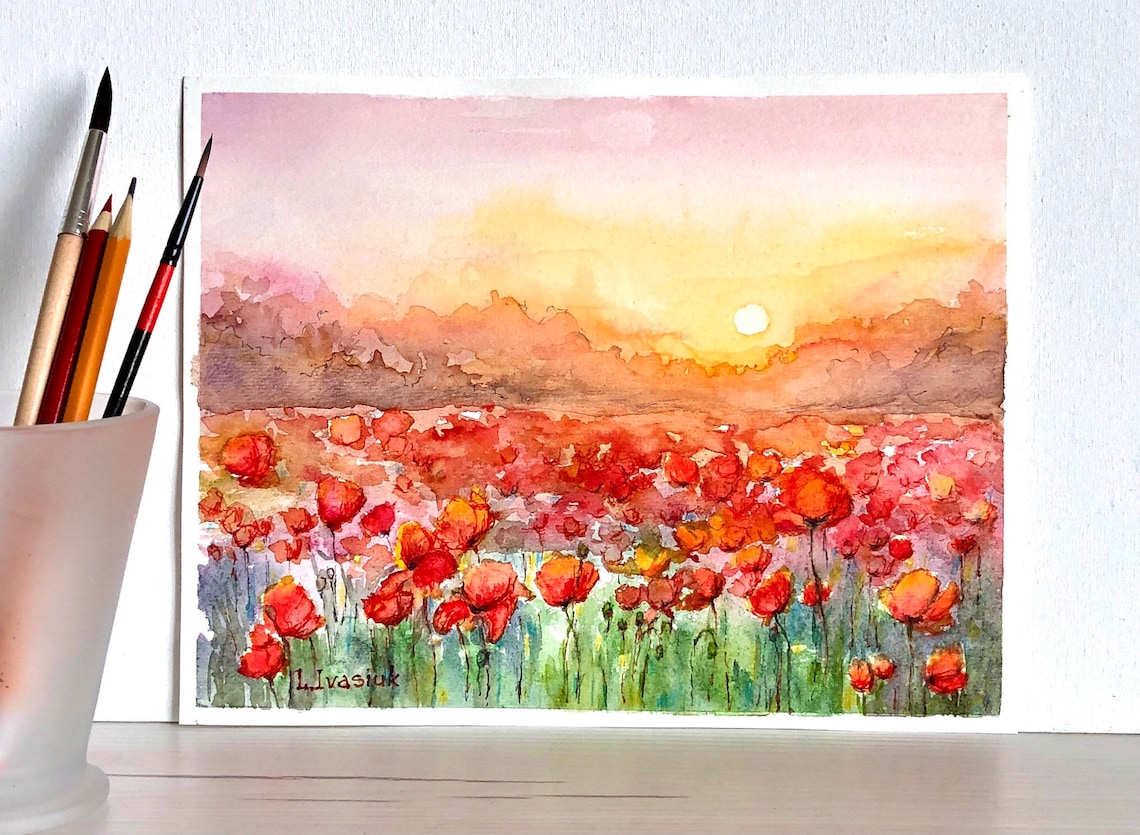 Poppy Fields Watercolor Painting,poppies Landscape Wall Art, Home Decor ...
