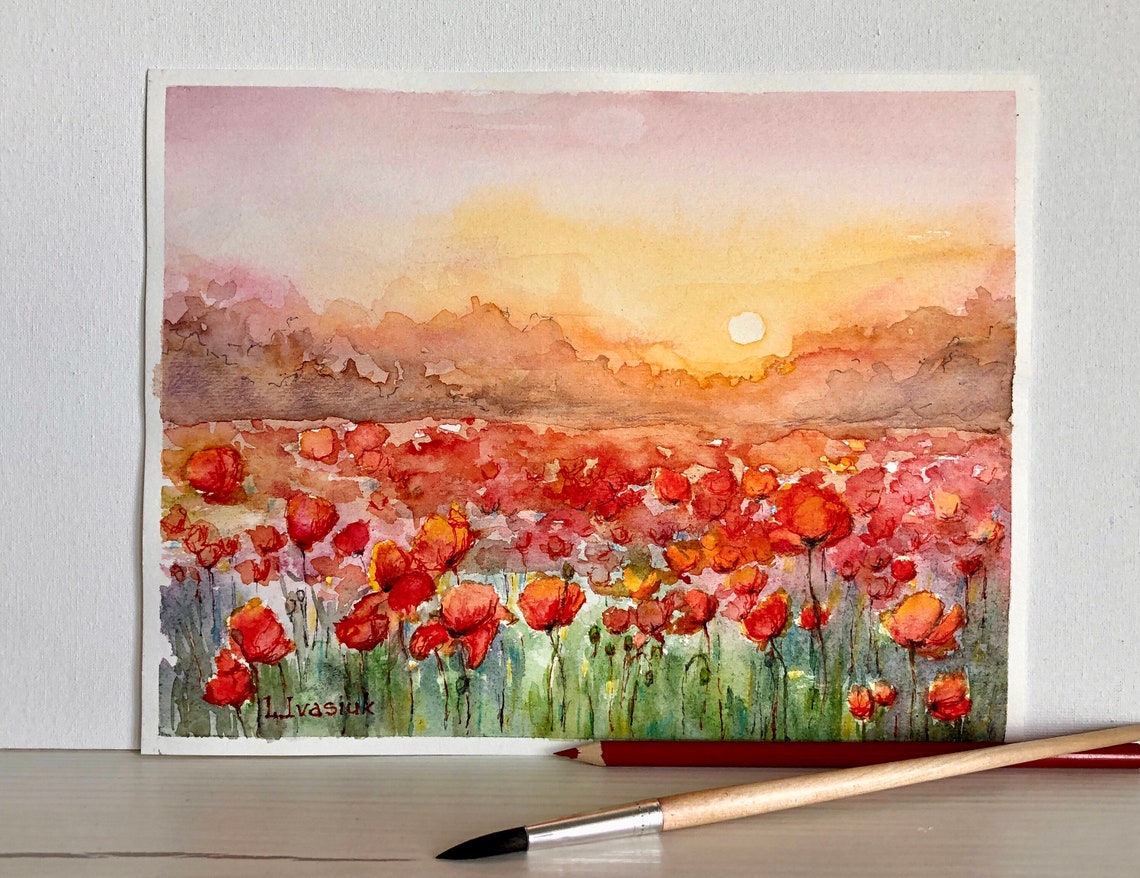 Poppy Fields Watercolor Paintingpoppies Landscape Wall Art | Etsy