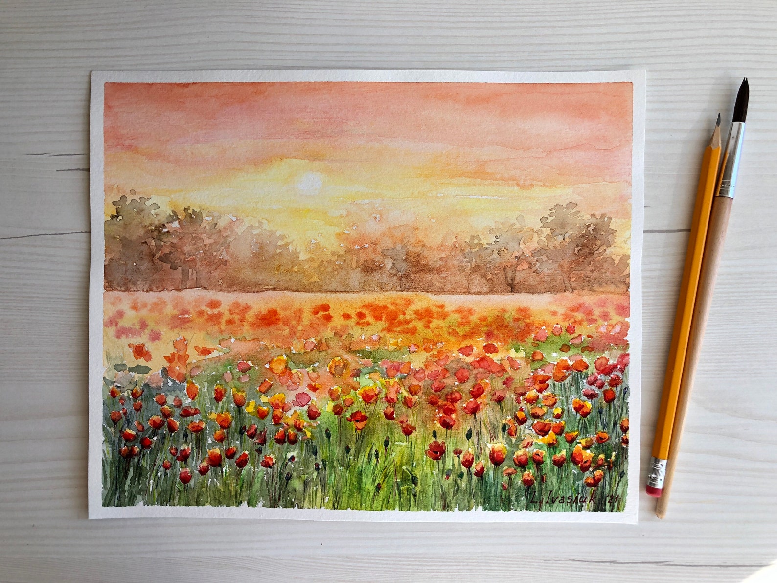 Poppy Fields Watercolor Paintingpoppies Landscape Wall Art - Etsy