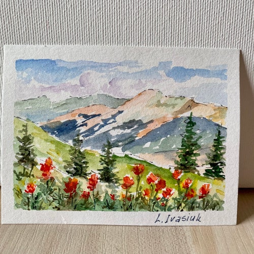 Wildflowers Scenery Painting Colorado Mountain Art Watercolor - Etsy