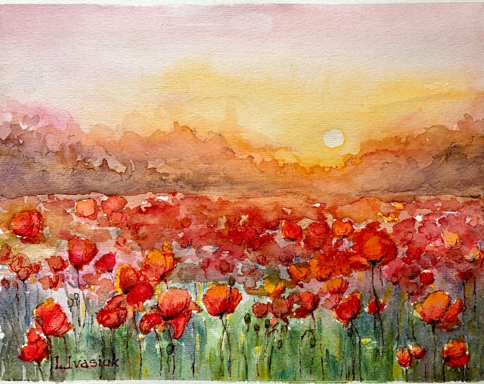 Poppy Fields Watercolor Painting,poppies Landscape Wall Art, Home Decor ...