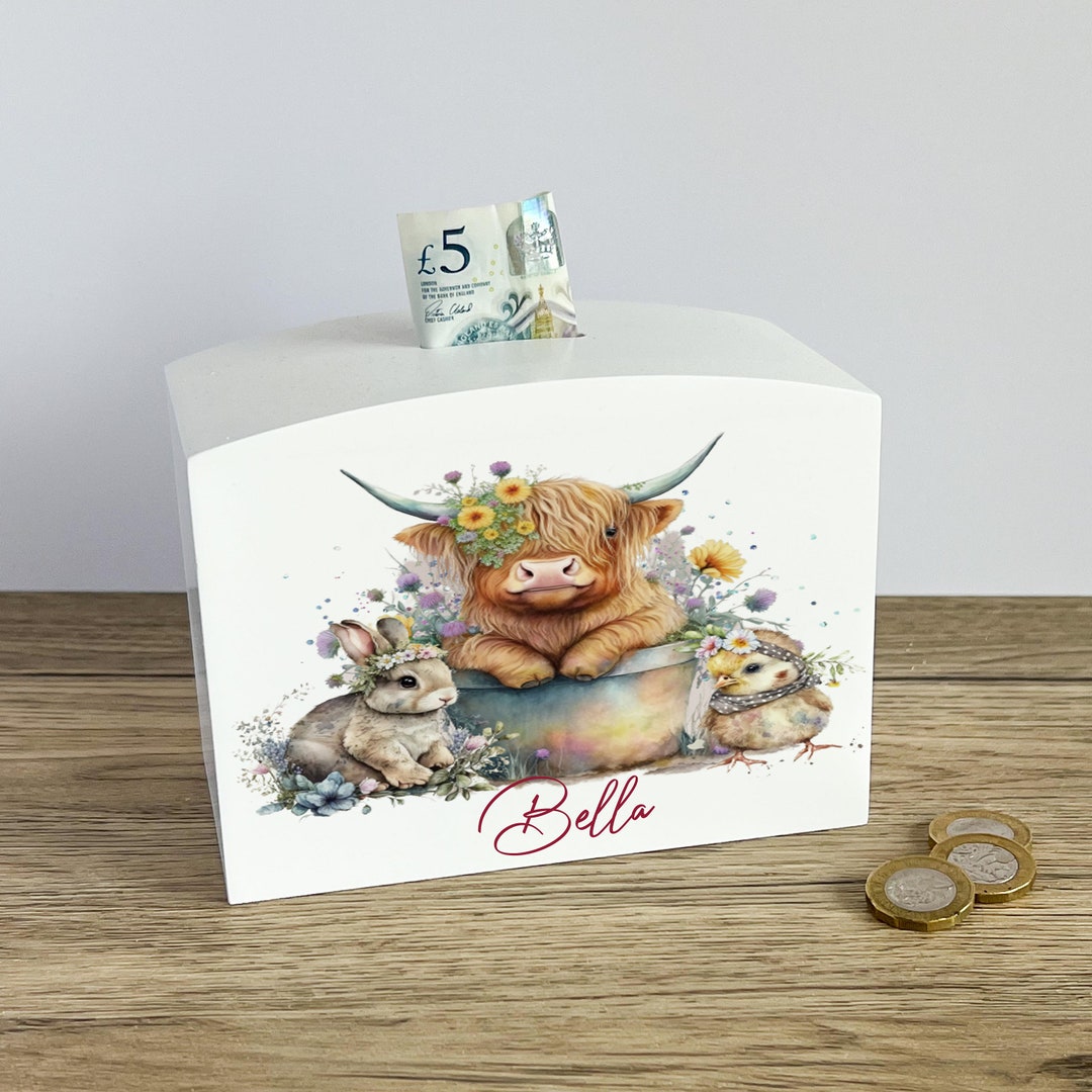 Personalized Highland Cow Wooden Money Box: Savings Jar - Etsy