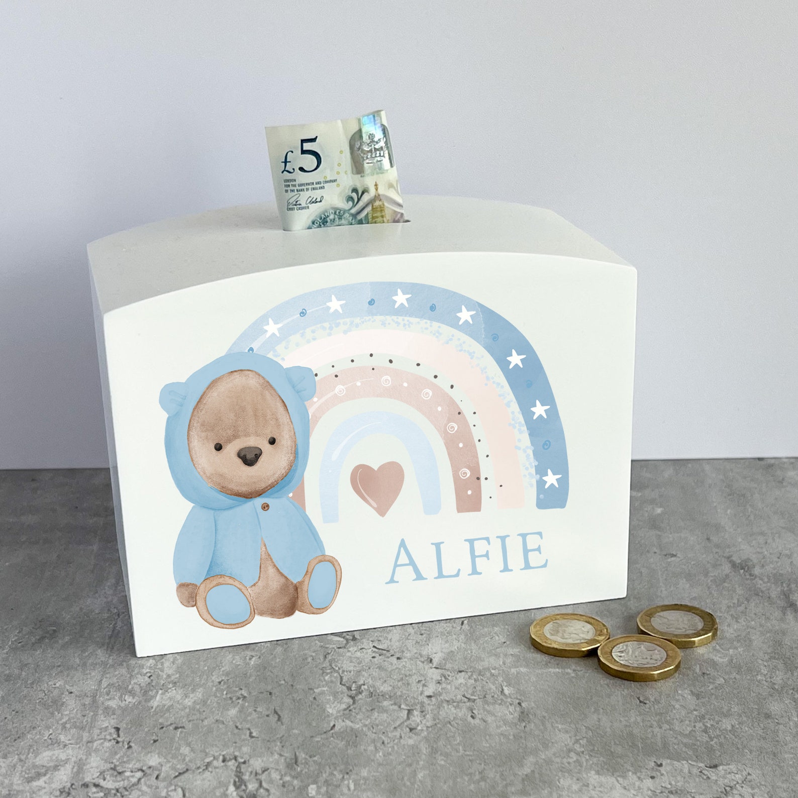 Personalised Wooden Money Box: Blue Teddy Bear Rainbow Design - Etsy