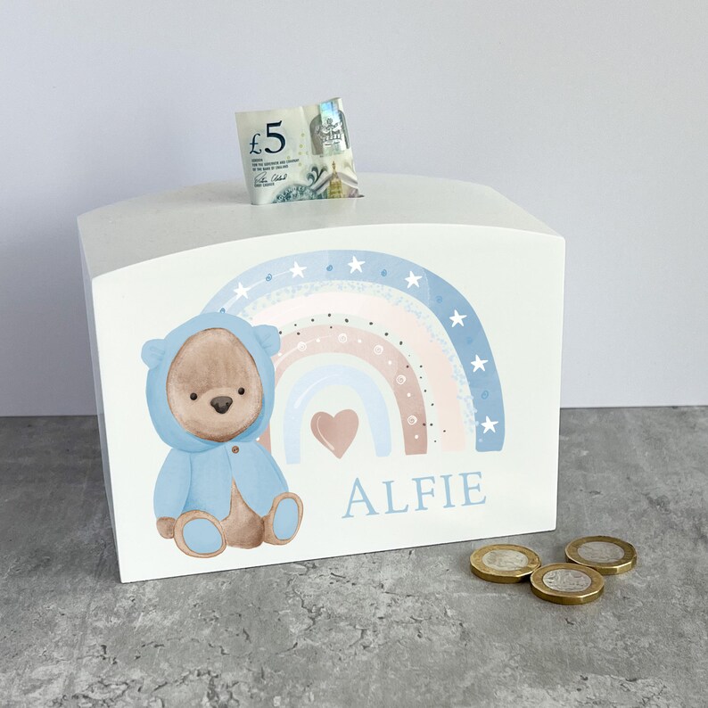 Personalised Wooden Money Box: Blue Teddy Bear Rainbow Design - Etsy