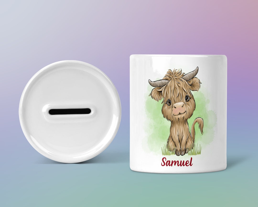 Highland Cow Ceramic Cylinder Shaped Money Pot, Personalised Bank ...