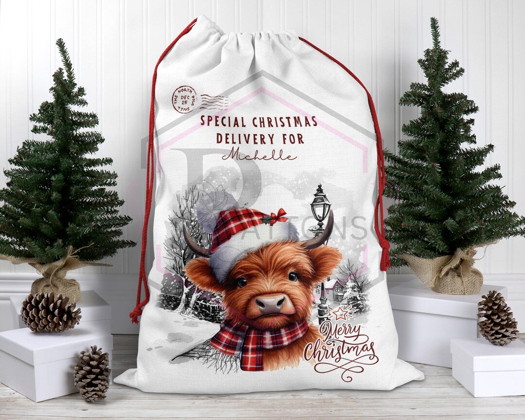 Personalized Highland Cow Christmas Sack | Festive Gift Bag - Etsy