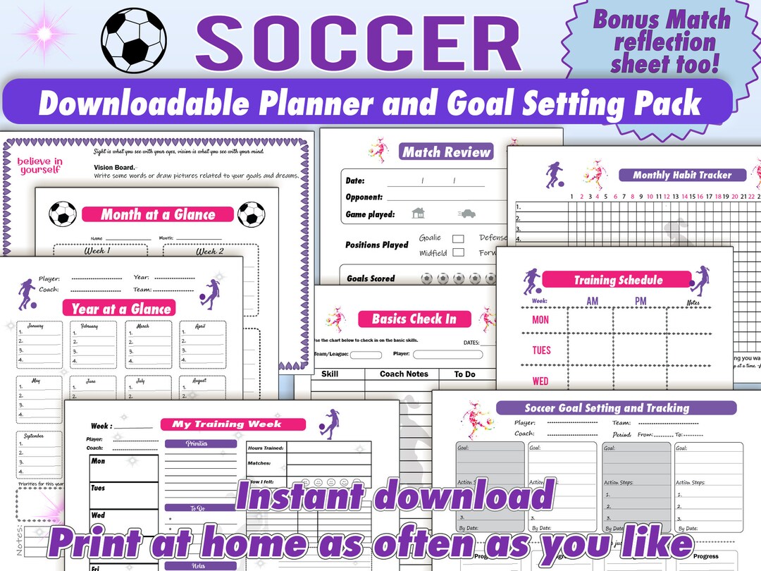 Soccer Planner for Kids, Girls Soccer Goal Setting, Schedule, Month and ...