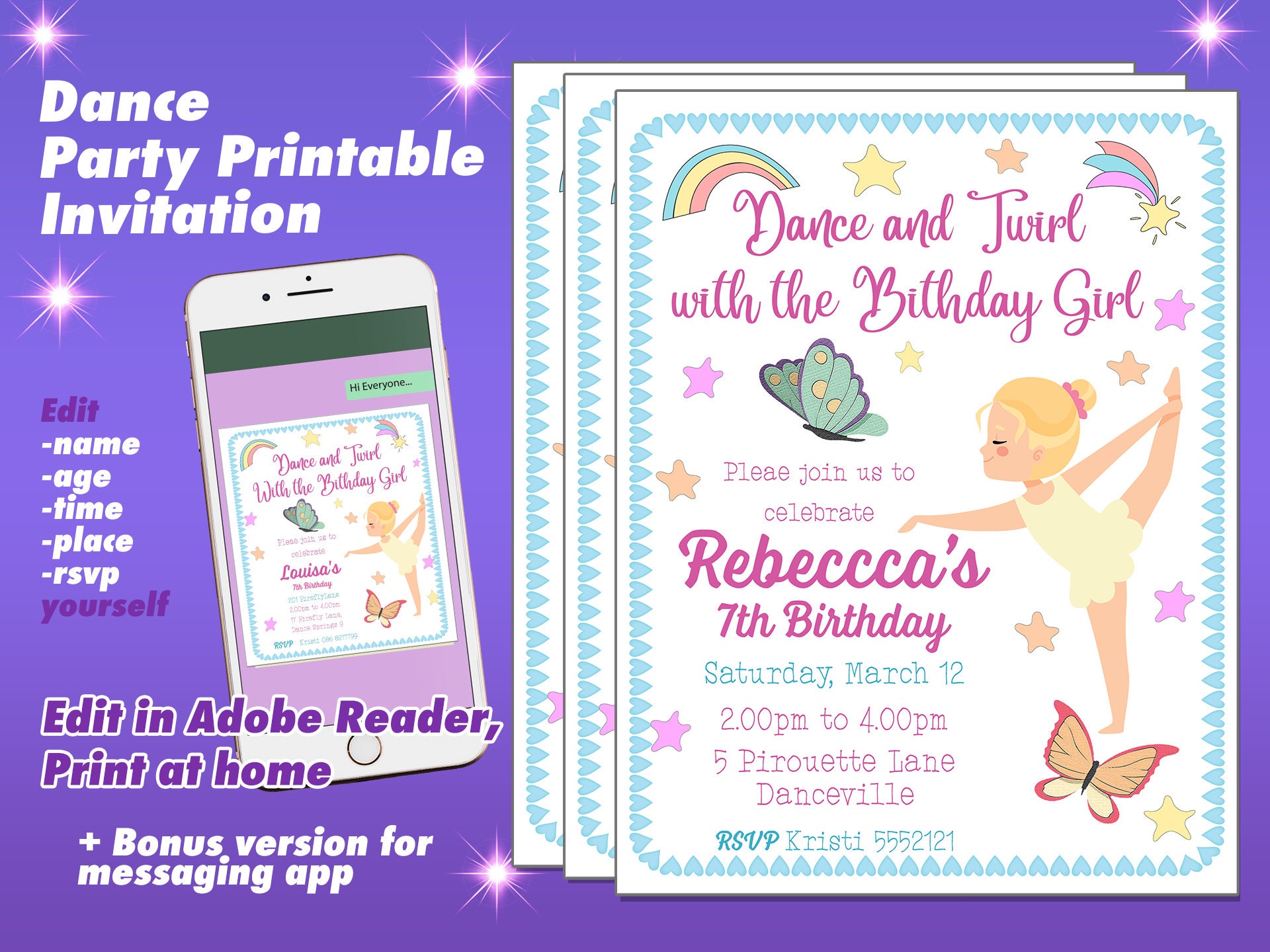 EDITABLE Dance Birthday Invitation Music Birthday Party Invite Dance ...