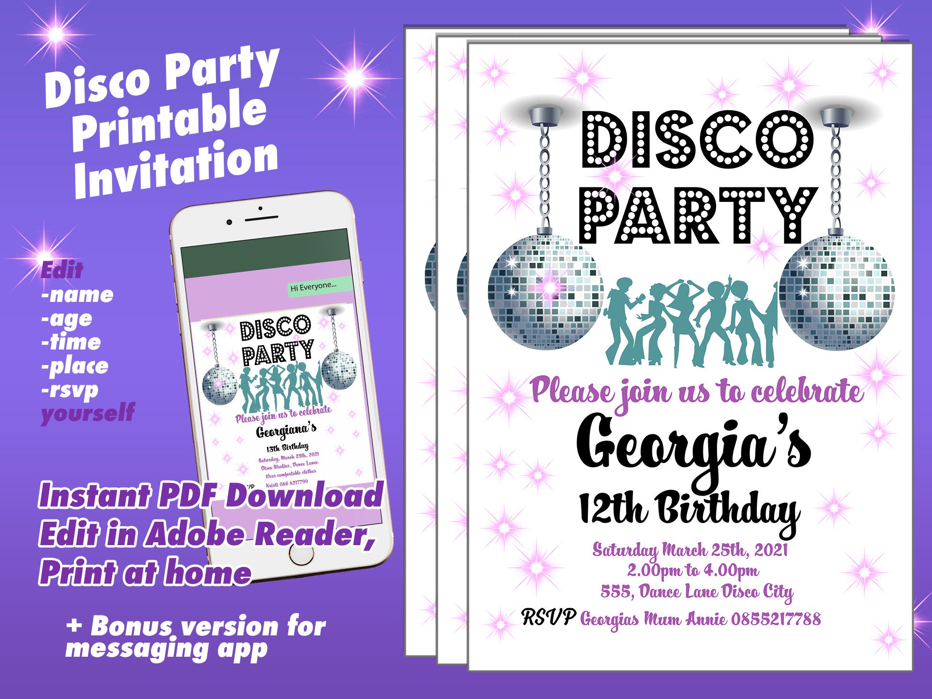 Editable Disco Party Invitation, Disco Birthday, Dance Party, Disco ...