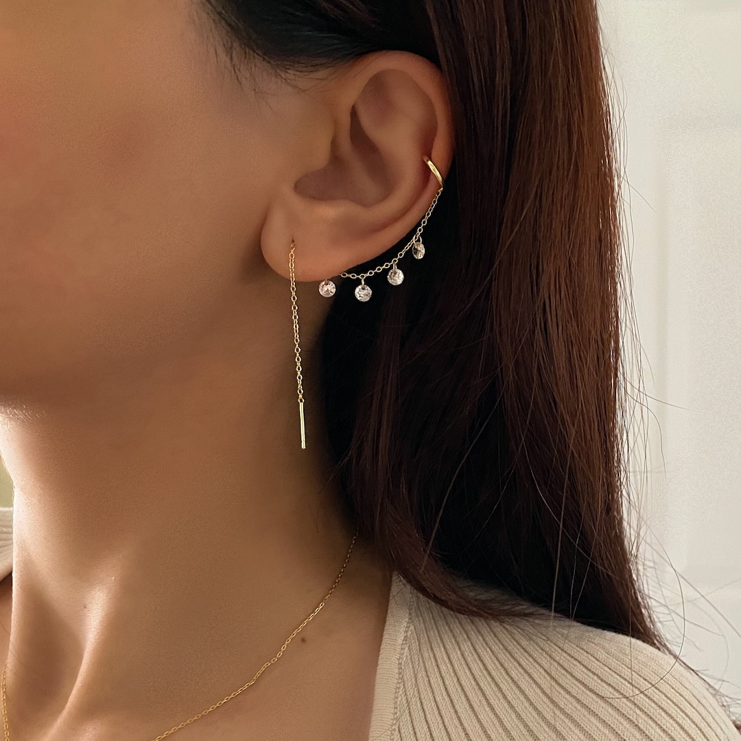 14K Gold Plated Dangle Chain Earrings Gold Ear Cuff Chain - Etsy