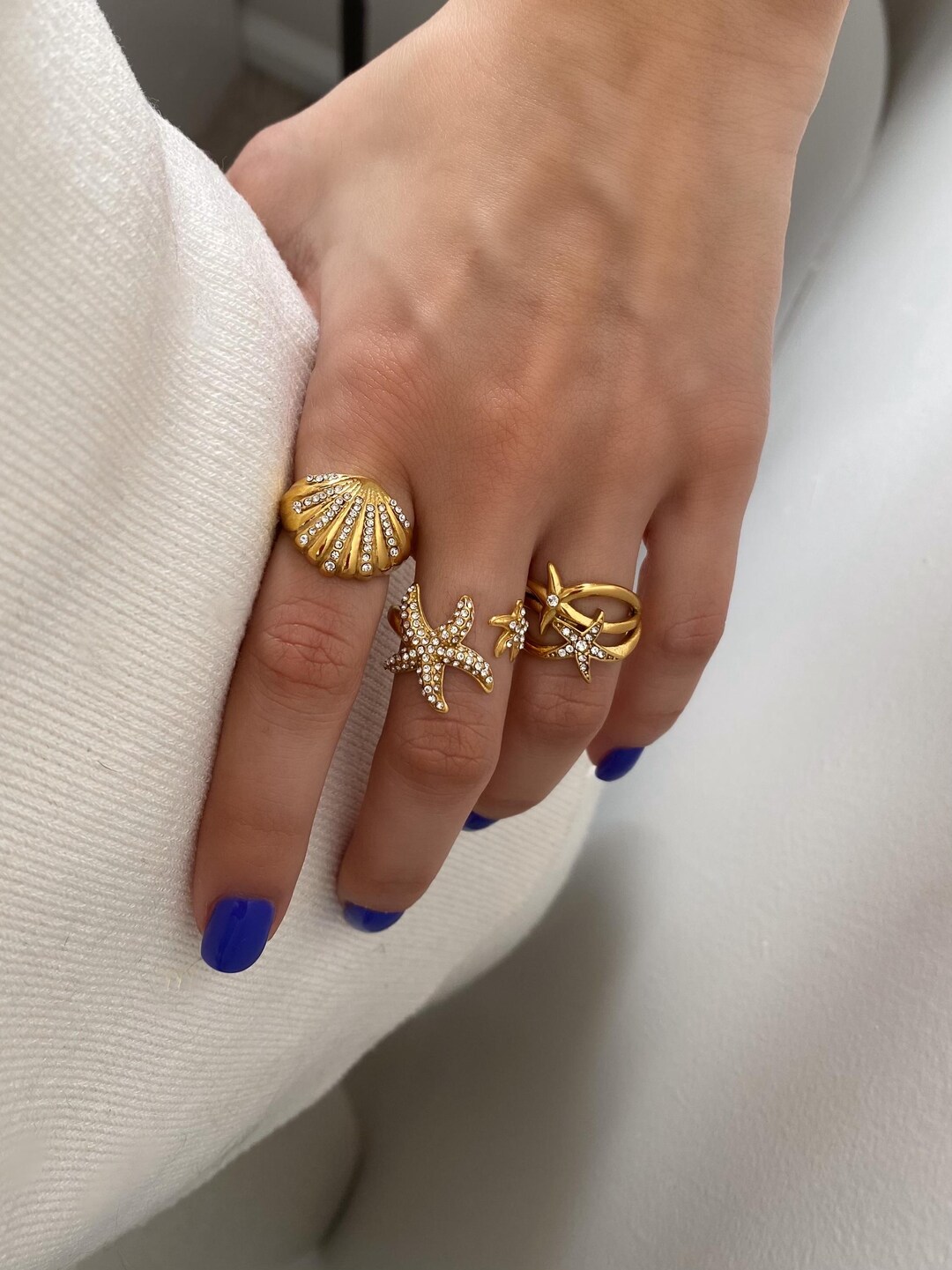 Ocean Ring Set – 18K Gold Plated Summer Beach Rings With Clam Shell & Starfish Designs, Pave ...