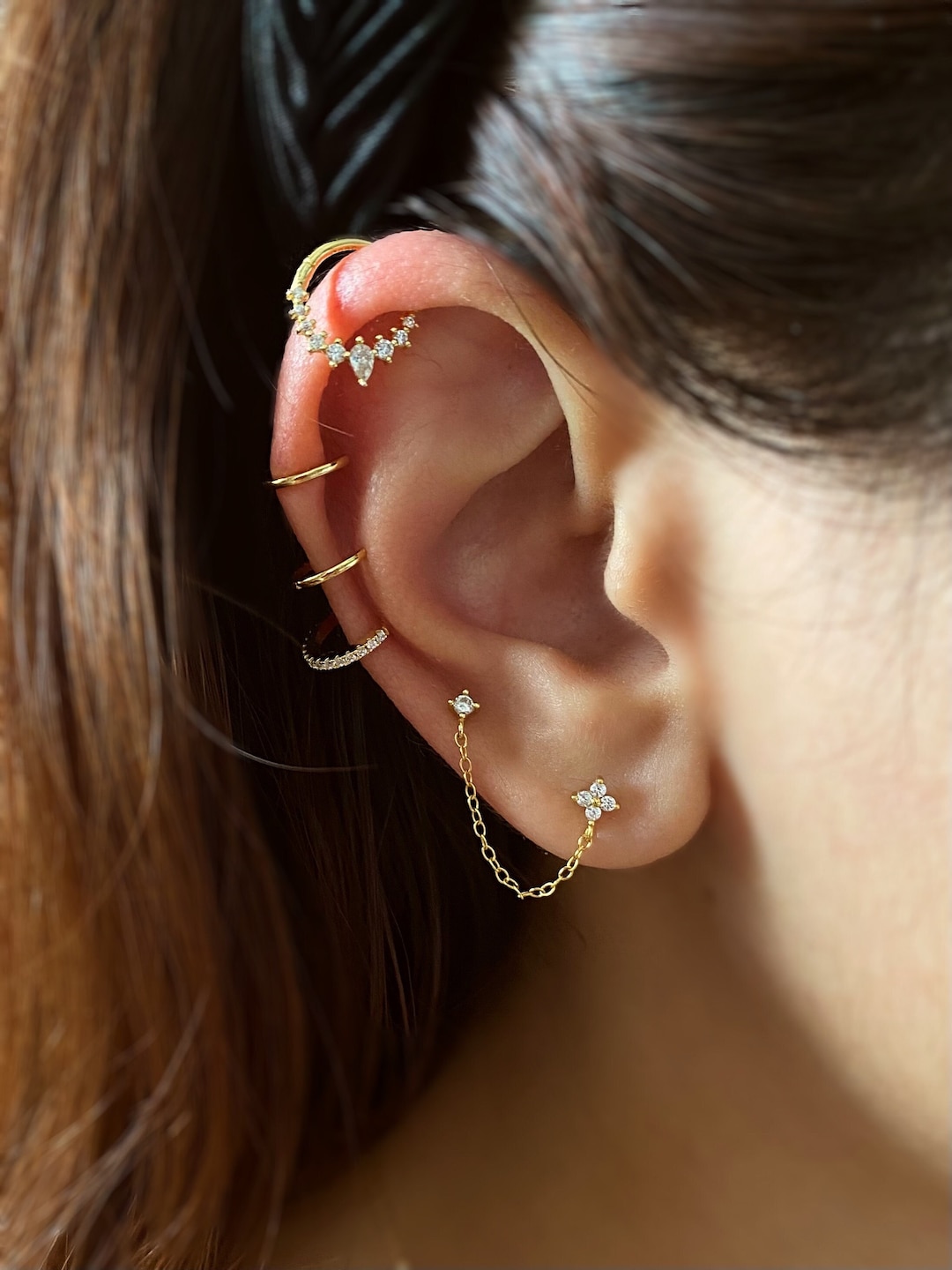 Double Stud Chain Earrings, Stud Dangling Chain Earrings, Dainty Chain ...