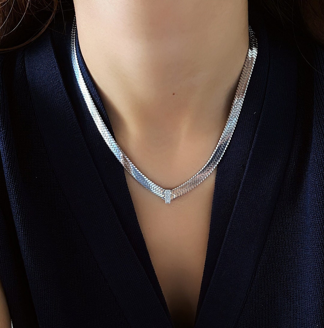 Silver Flat Snake Chain Necklace, Silver Plated on Stainless Steel ...