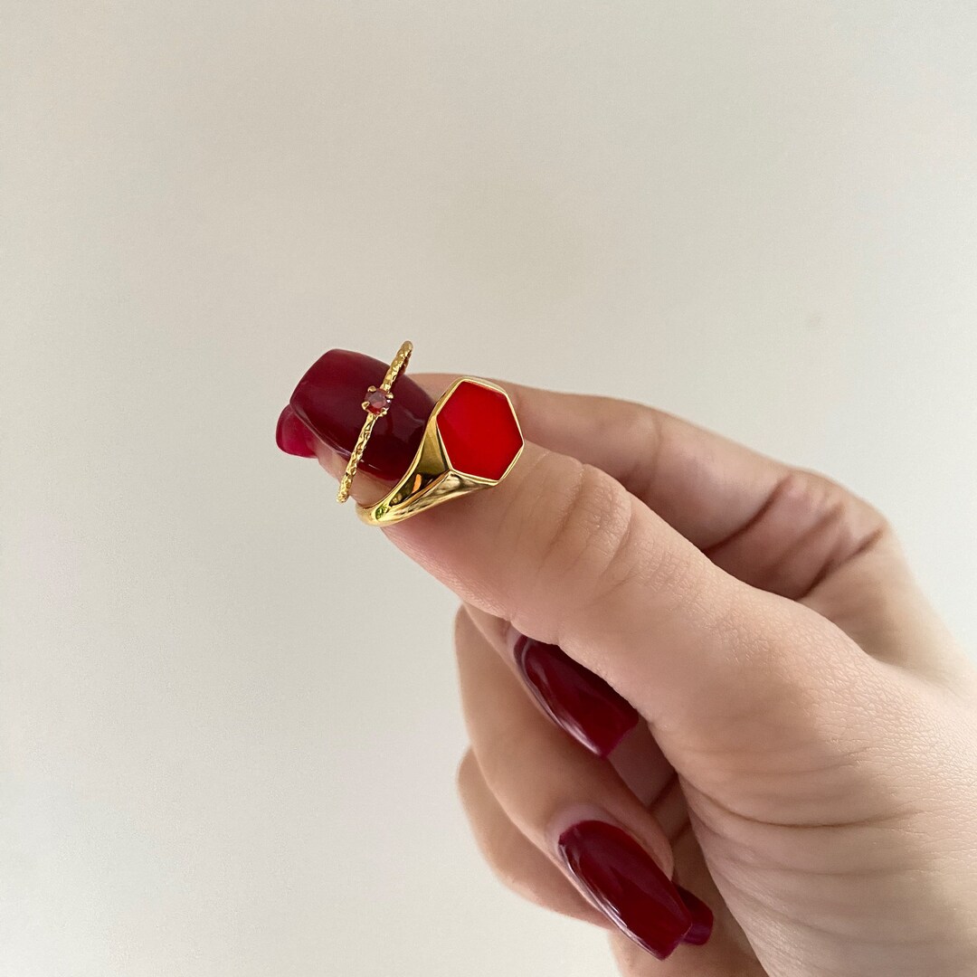 18K Gold Signet Ring Hexagon Ring Red Enamel Ring Gold - Etsy
